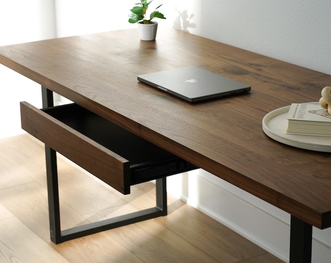 Customizable Solid Walnut Desk With Drawer, Office Desk, Modern Desk ...