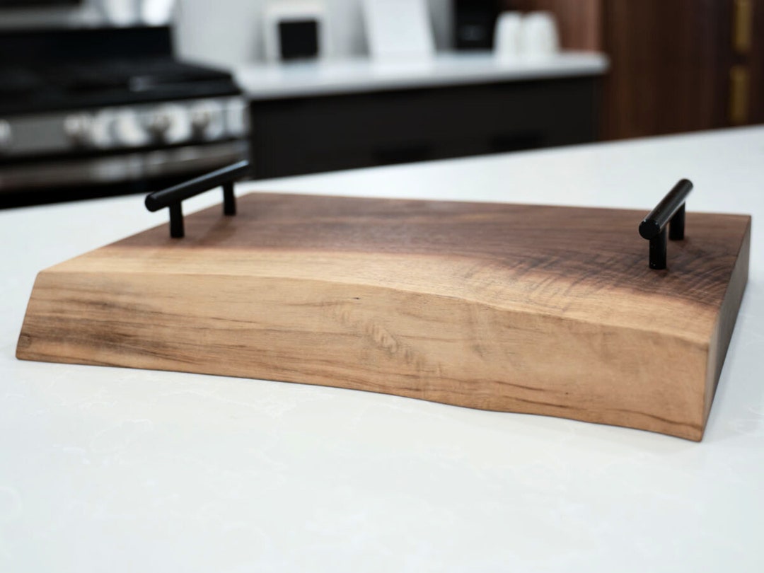 Solid Walnut Live Edge Charcuterie Board With Built in Handles, Handcrafted Serving Tray, Black ...