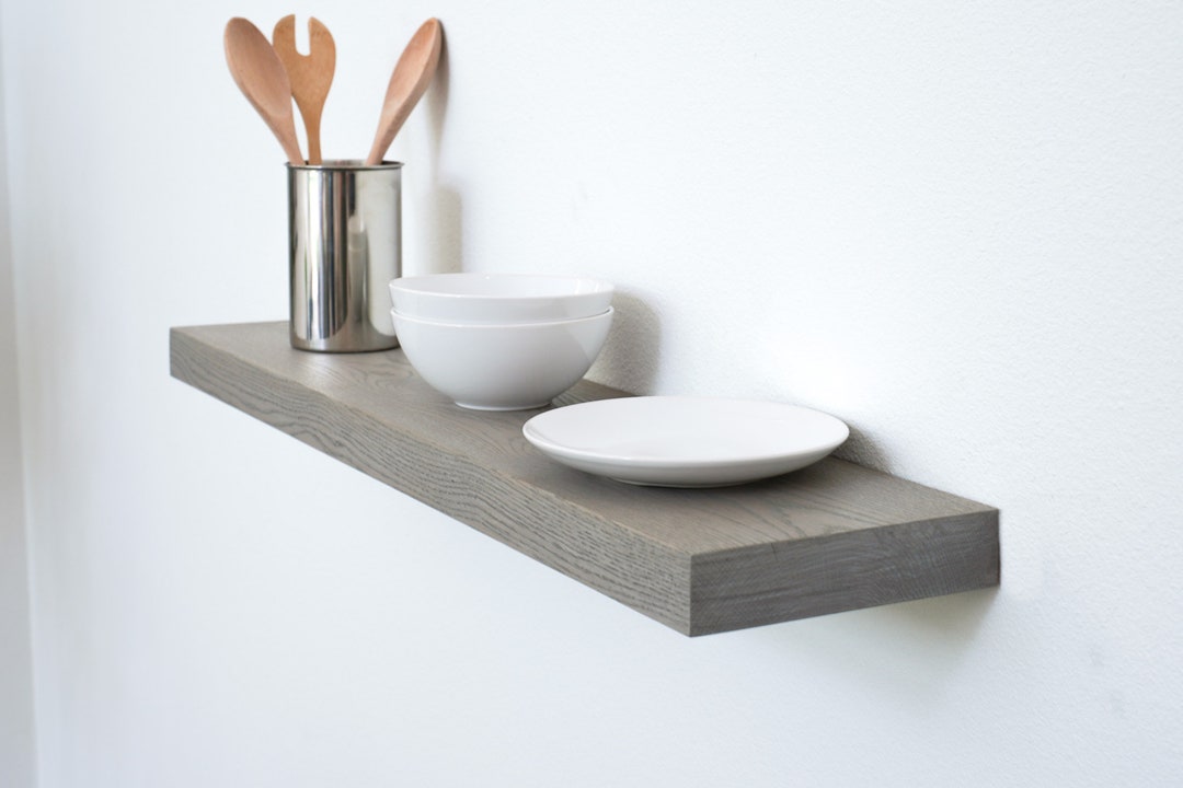 Oak Light Grey Floating Shelf With Bracket, Wood Floating Shelves ...