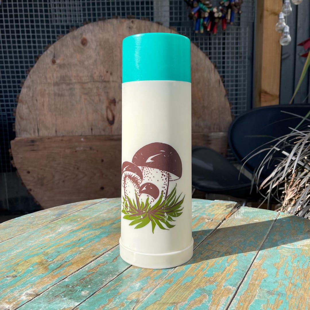 Vintage Thermos Flask With Turquoise Cup and Mushroom Print - Etsy