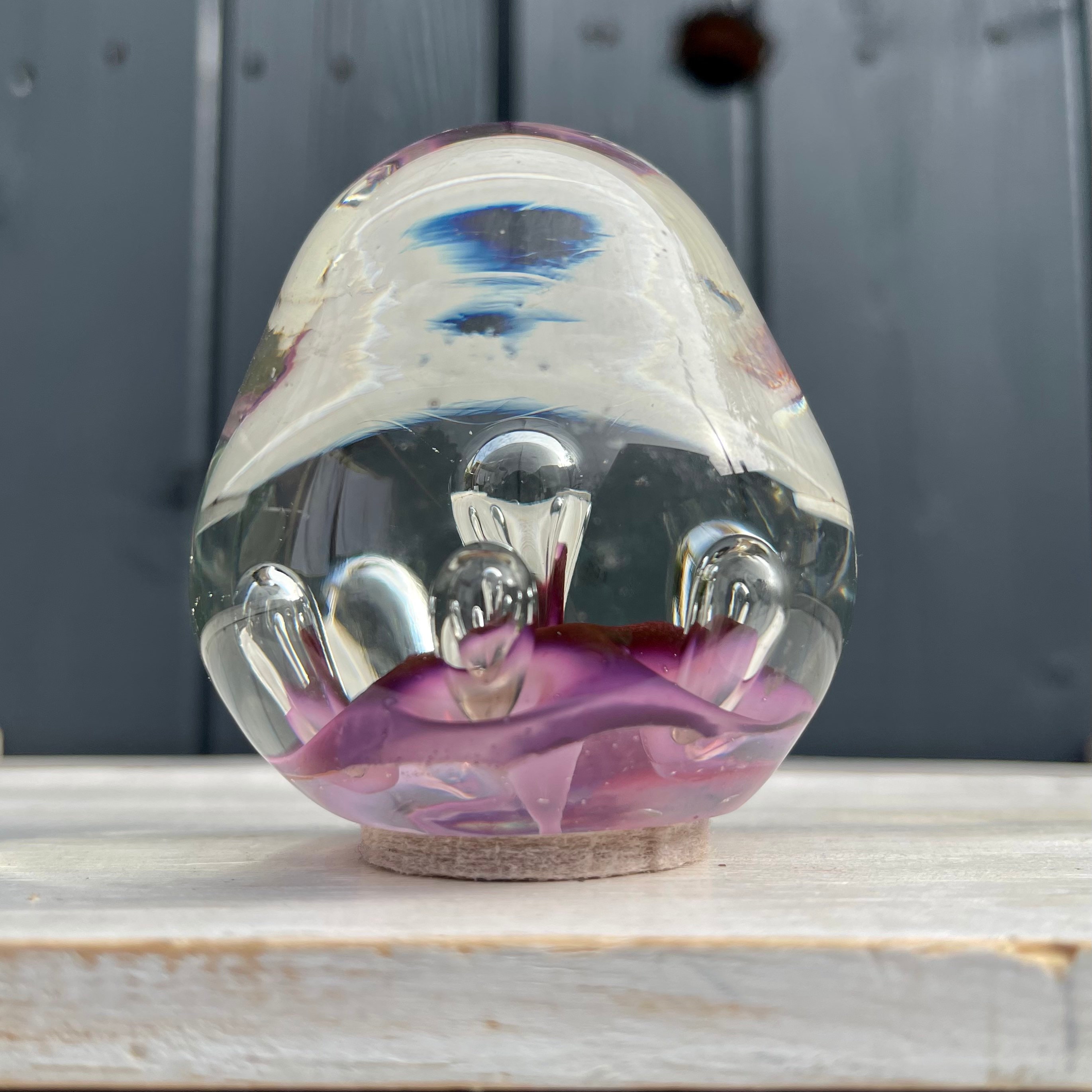 Small Egg Shaped Paperweight With Purple Flower and Controlled Bubbles ...