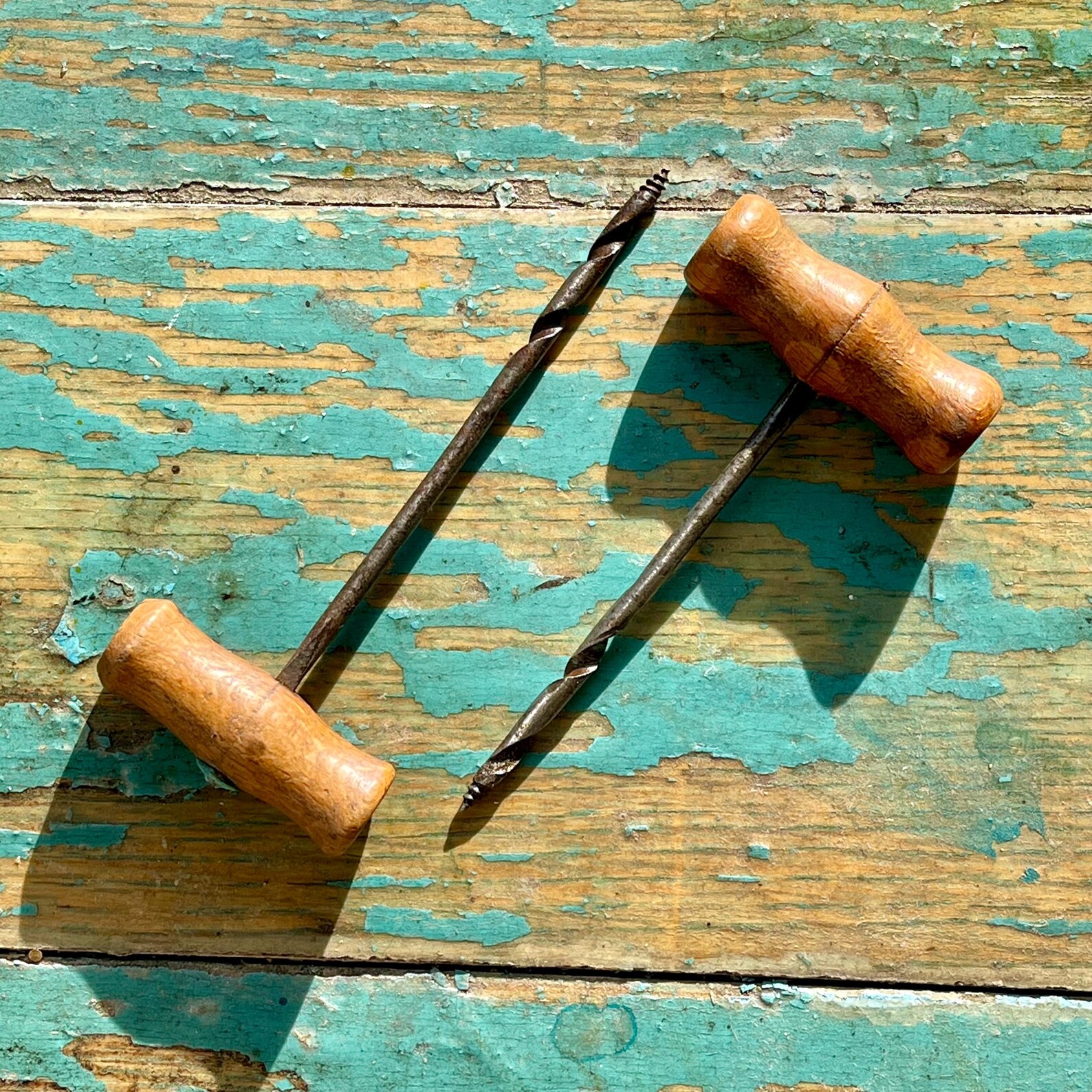 Mixed Set of 5 Vintage Wooden Hand Tools, Gimlets, Bradawls, Hand Drill ...