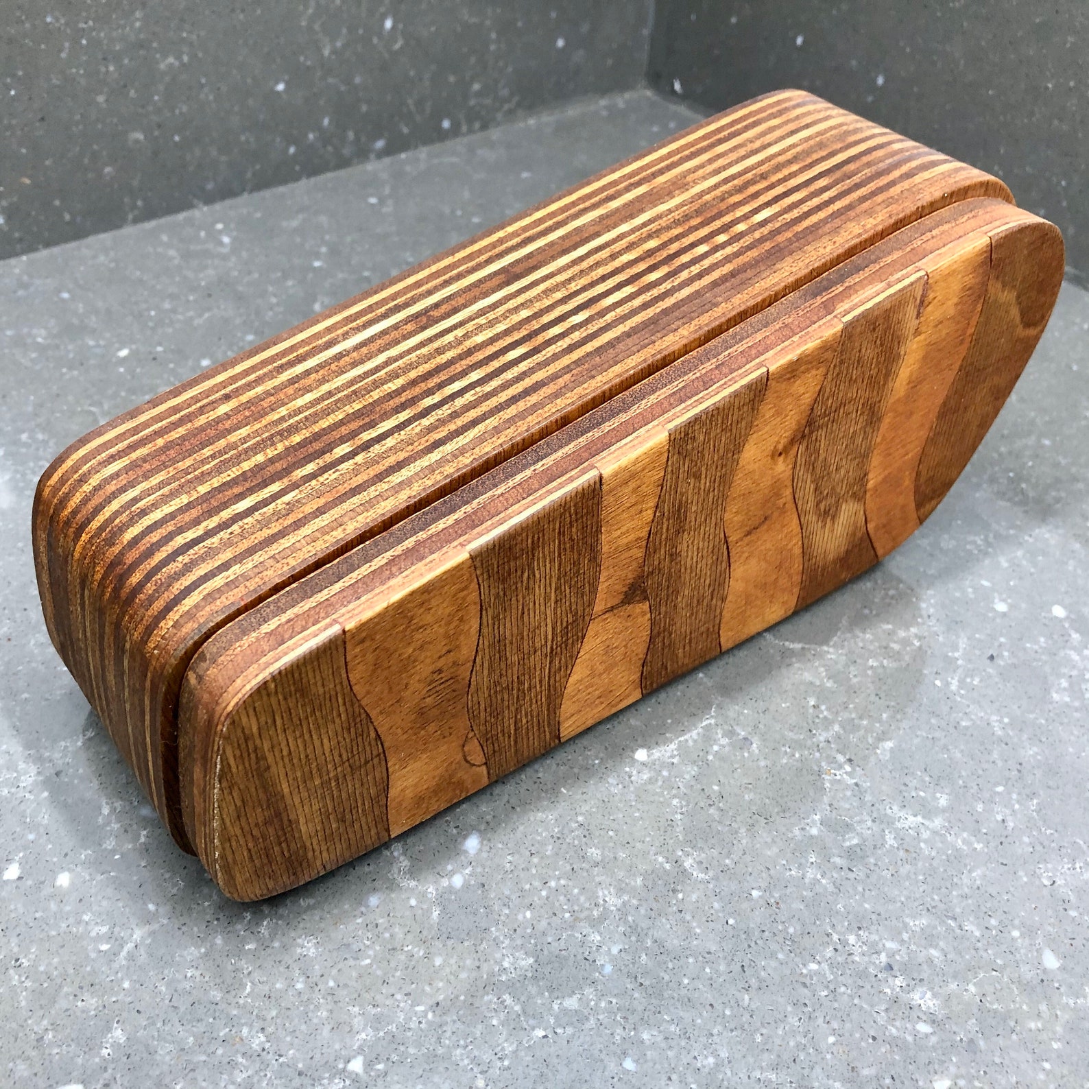 Vintage handmade wooden box with marquetry lid. Unusual shape | Etsy