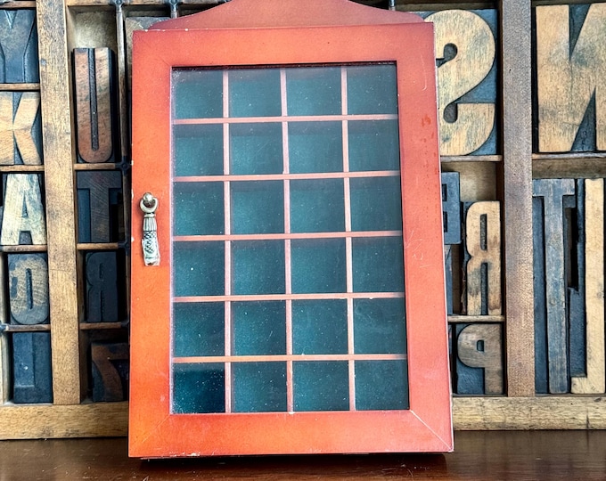 Small Vintage Wooden Display Case With 24 Compartments and Glass Door ...