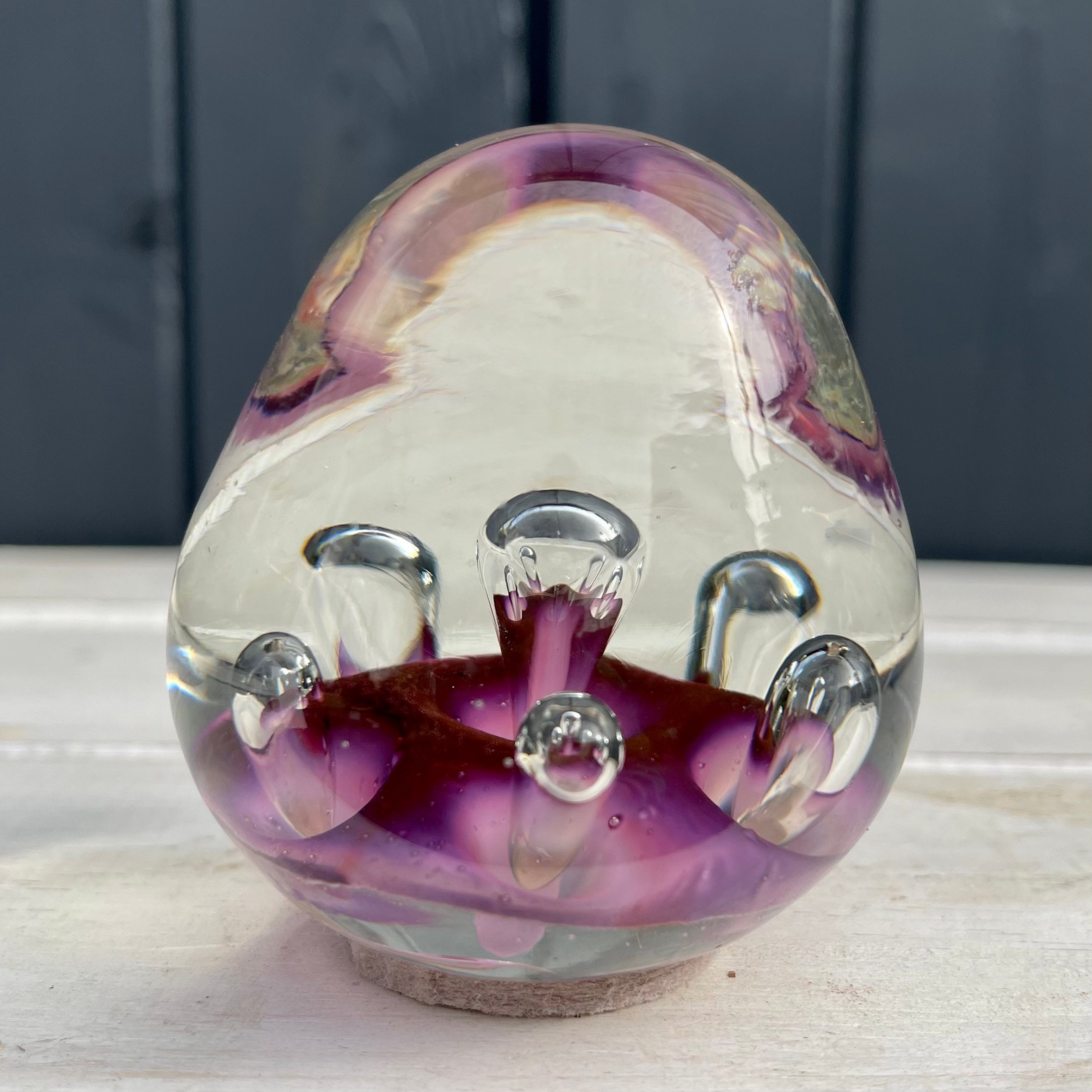 Small Egg Shaped Paperweight With Purple Flower and Controlled Bubbles ...