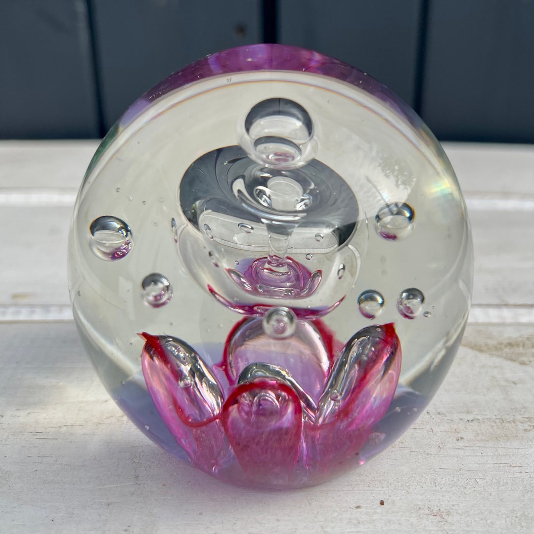 Pretty Vintage Glass Paperweight With Pink Petals and Controlled ...