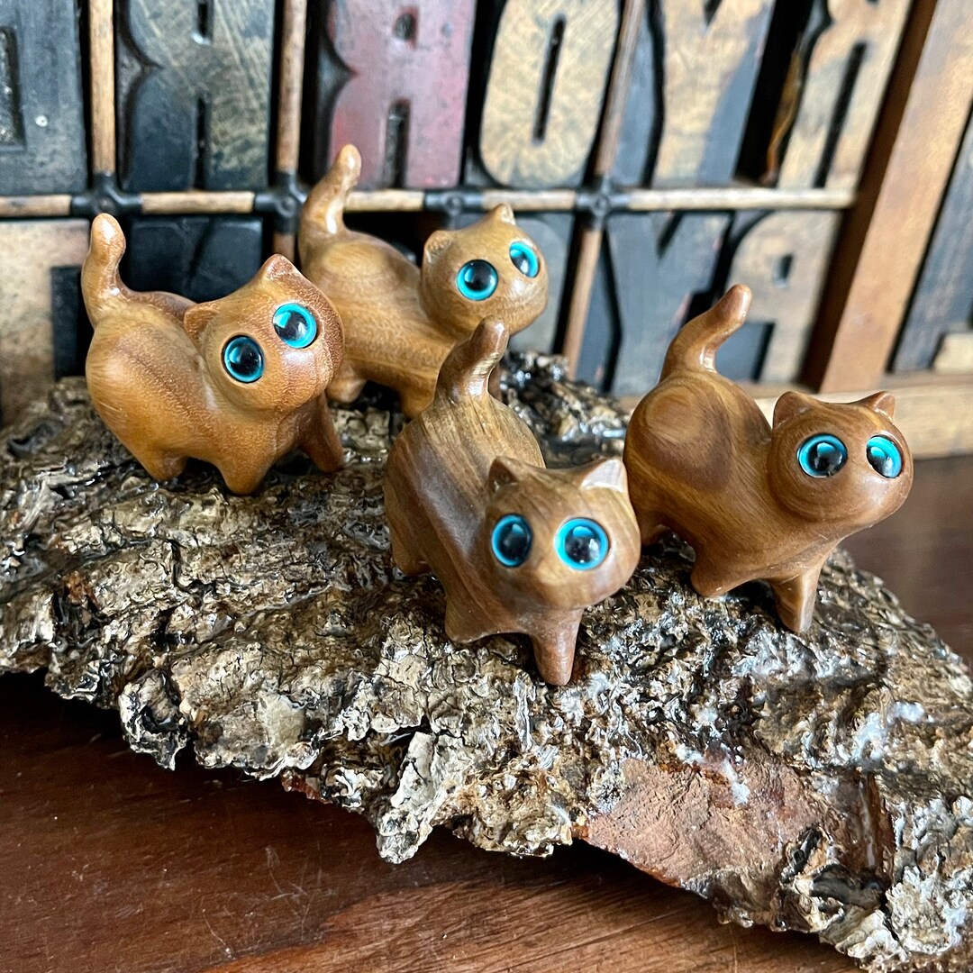 Carved Wood Miniature Cats With Big Blue Eyes. Choose Your - Etsy