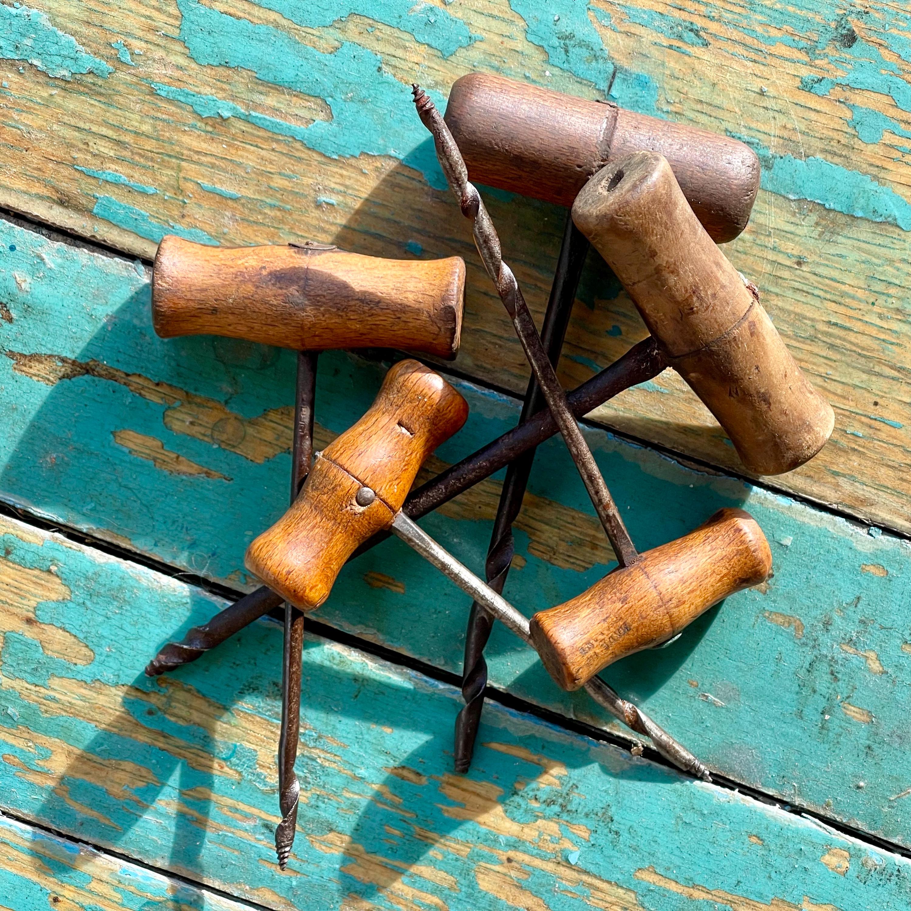 Mixed Set of 5 Vintage Wooden Hand Tools, Gimlets, Bradawls, Hand Drill ...