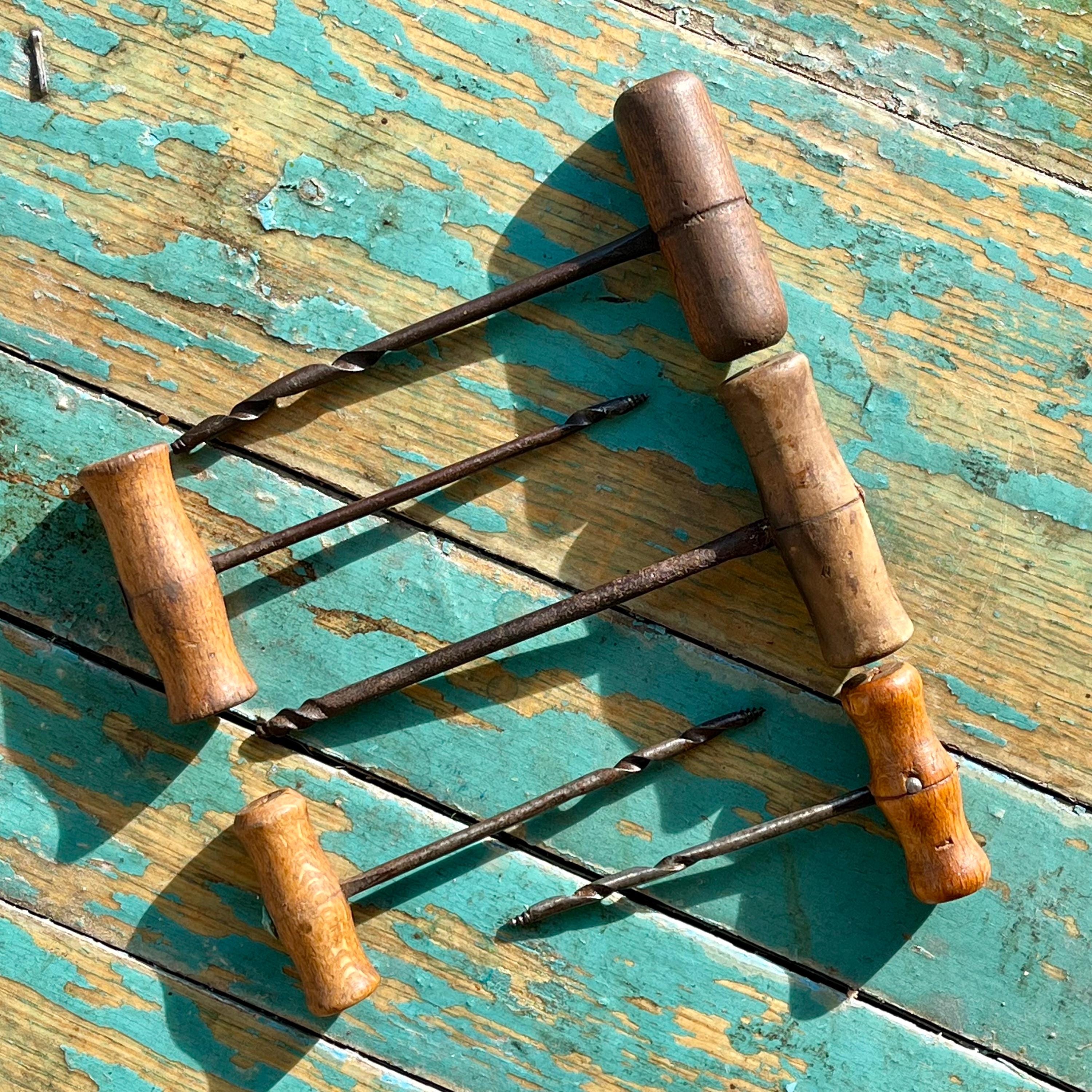 Mixed Set of 5 Vintage Wooden Hand Tools, Gimlets, Bradawls, Hand Drill ...