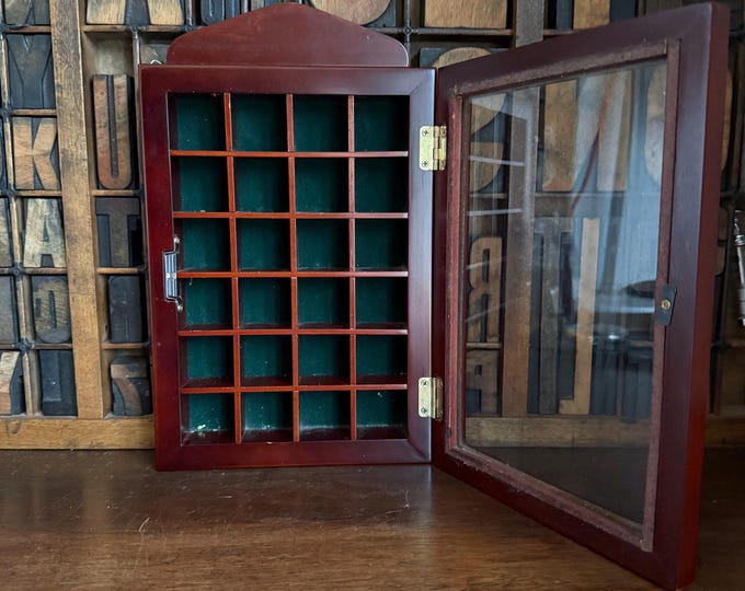 Small Vintage Wooden Display Case With 24 Compartments and Glass Door ...