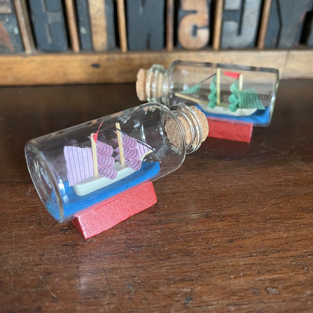 Miniature Ship in a Bottle on a Wooden Stand. Tiny Sailing Boat, 2.5 ...
