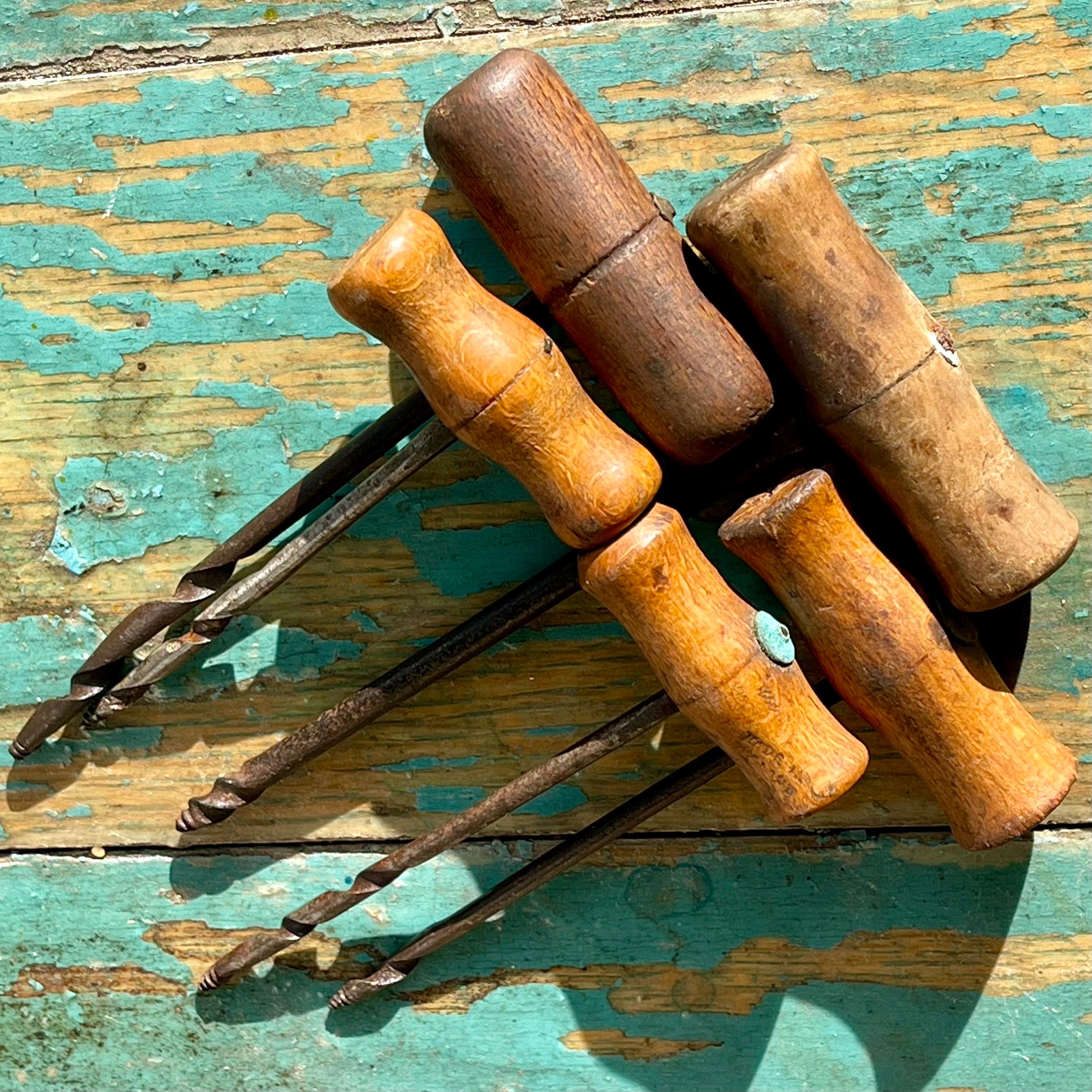 Mixed Set of 5 Vintage Wooden Hand Tools, Gimlets, Bradawls, Hand Drill ...