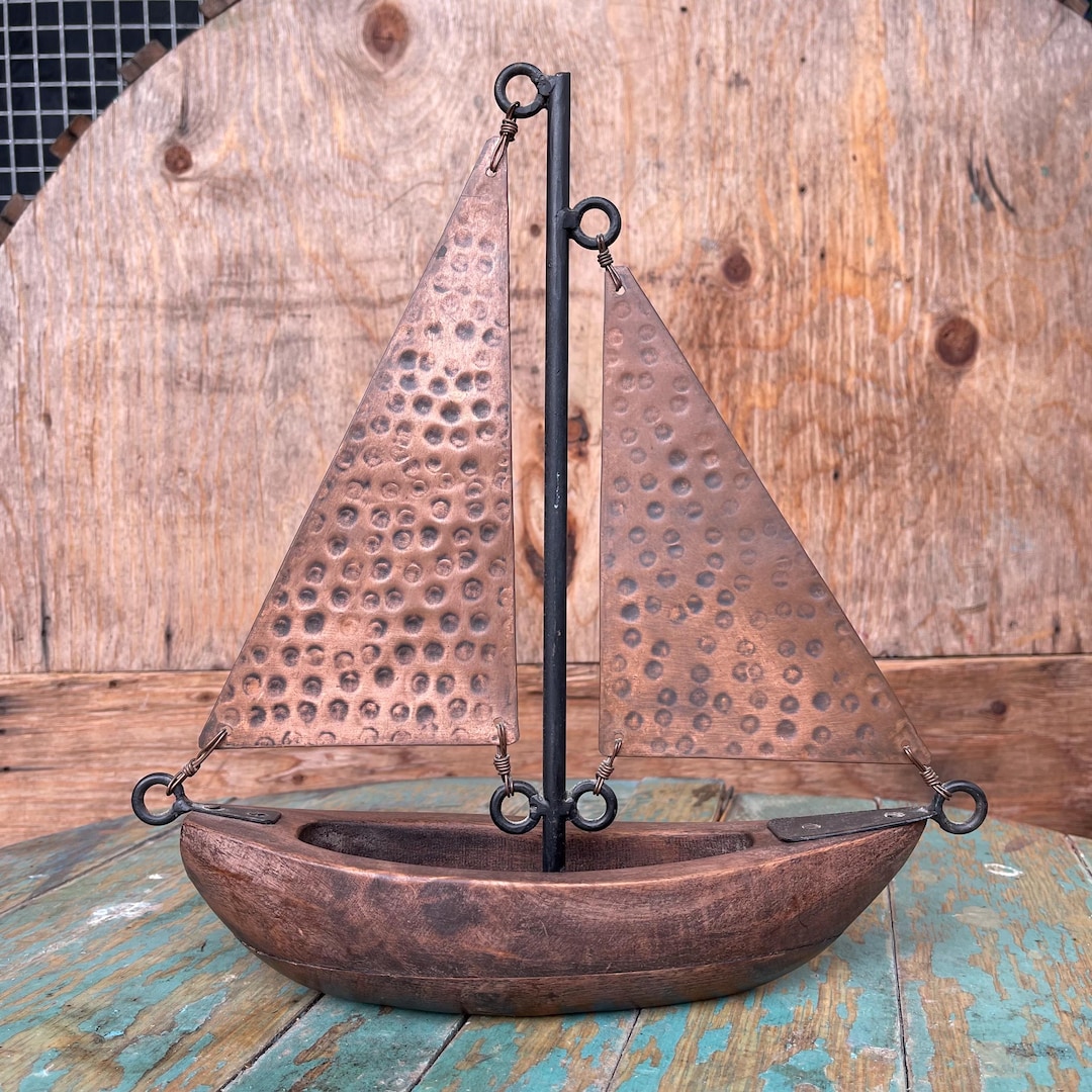 Vintage Wooden Model Boat With Copper Sails - Etsy
