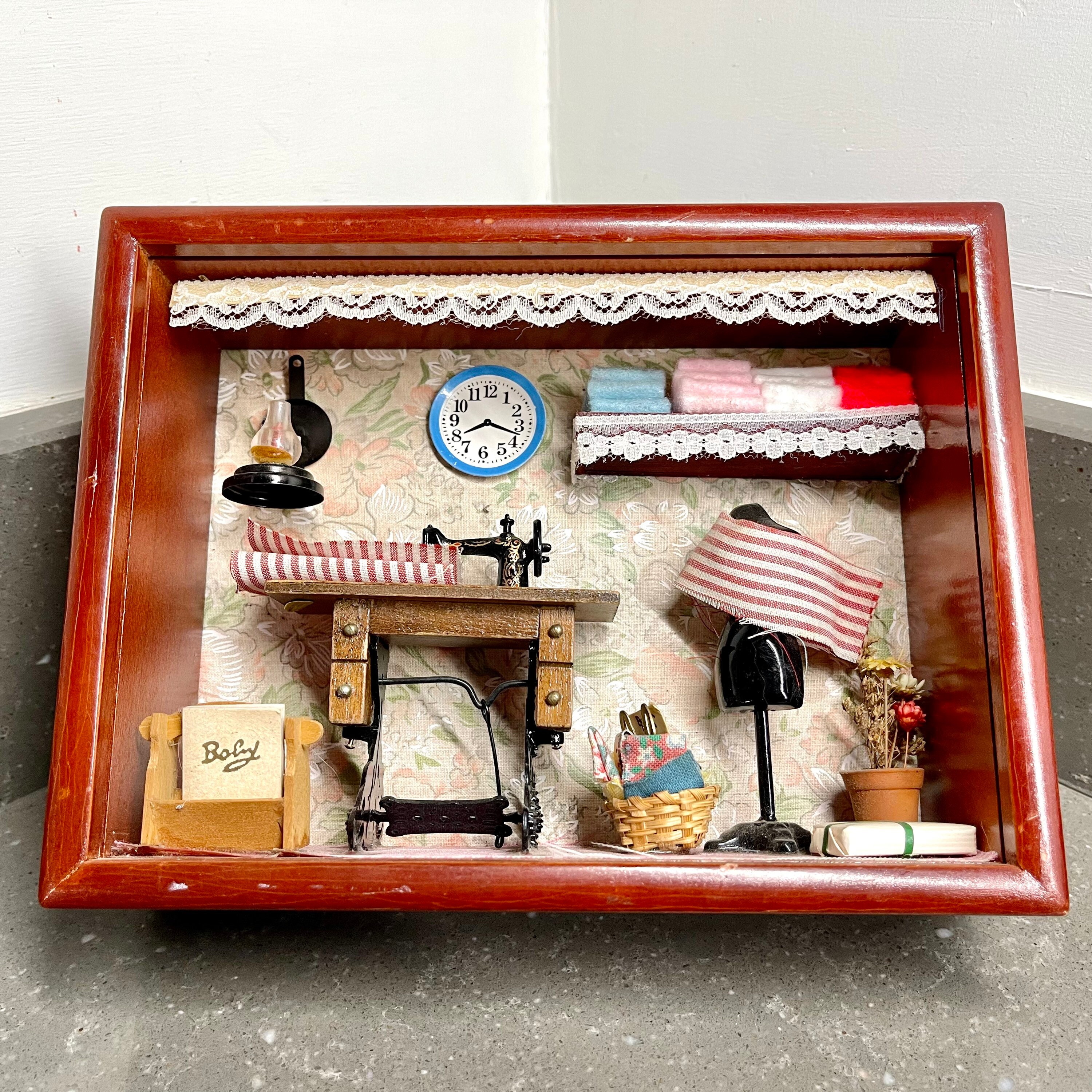 Vintage sewing room shadow box with tiny sewing machine | Etsy