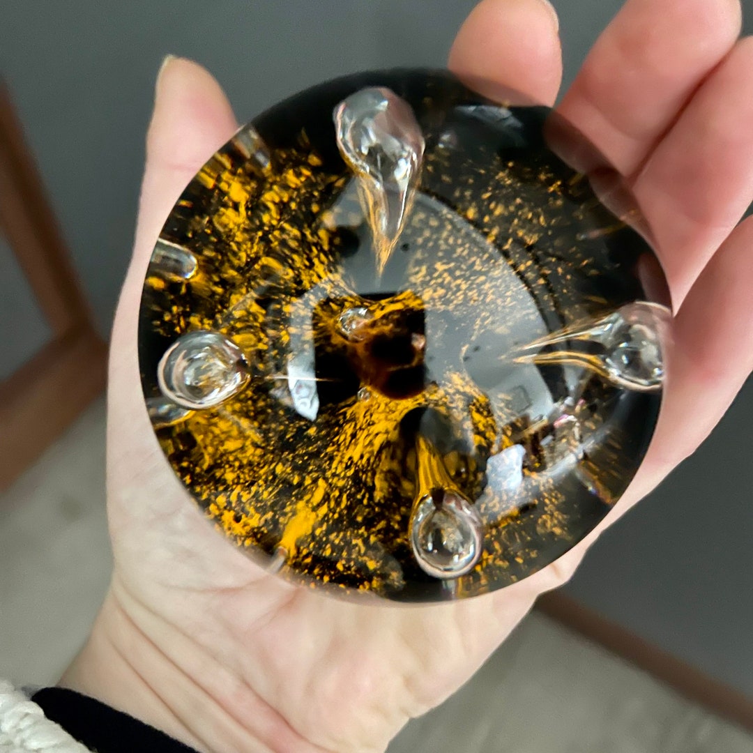Large Vintage Caithness Glass Paperweight With Black and Gold Splash ...