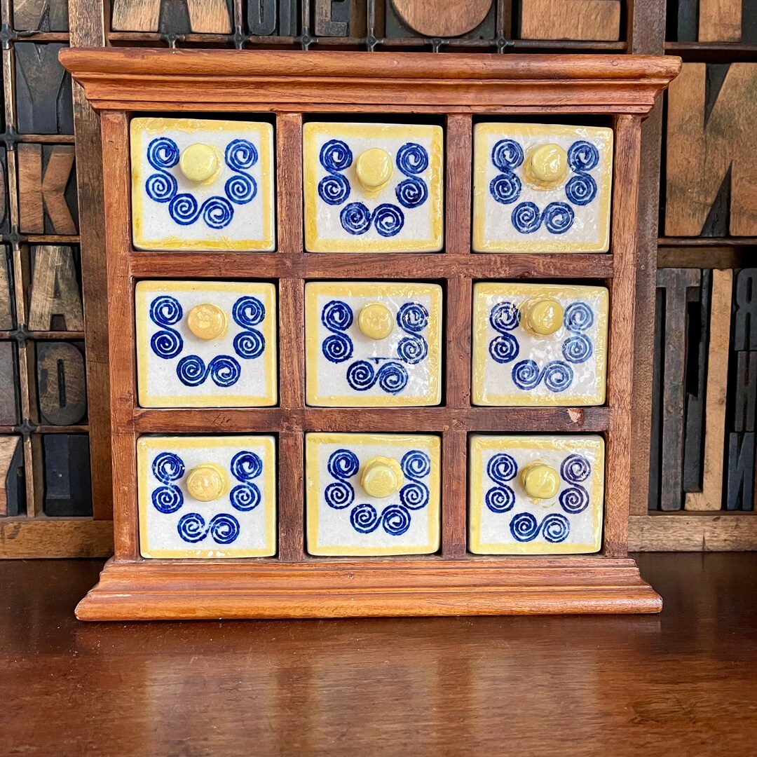 Vintage Small Spice Chest, Apothecary Cabinet With 9 Ceramic Drawers - Etsy