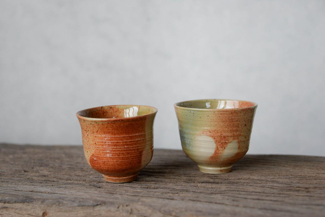 Ceramic Tea Cups Set of 2 - Shino Glaze and Ash Green Yunomi Teacups ...