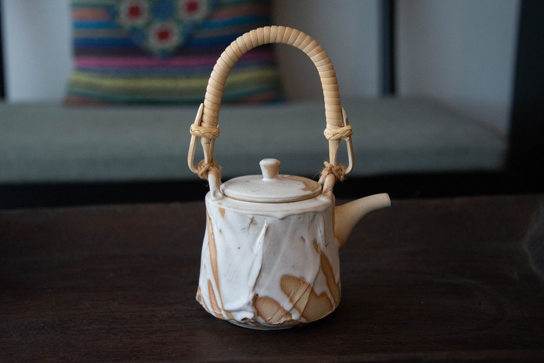Ceramic Teapot With Wicker Handle - 400ml - Japanese Style Wabi Sabi ...