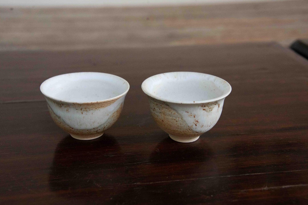 Ceramic Tea Cups Set of 2 - Satin White and Shino Glazed Yunomi Teacups ...