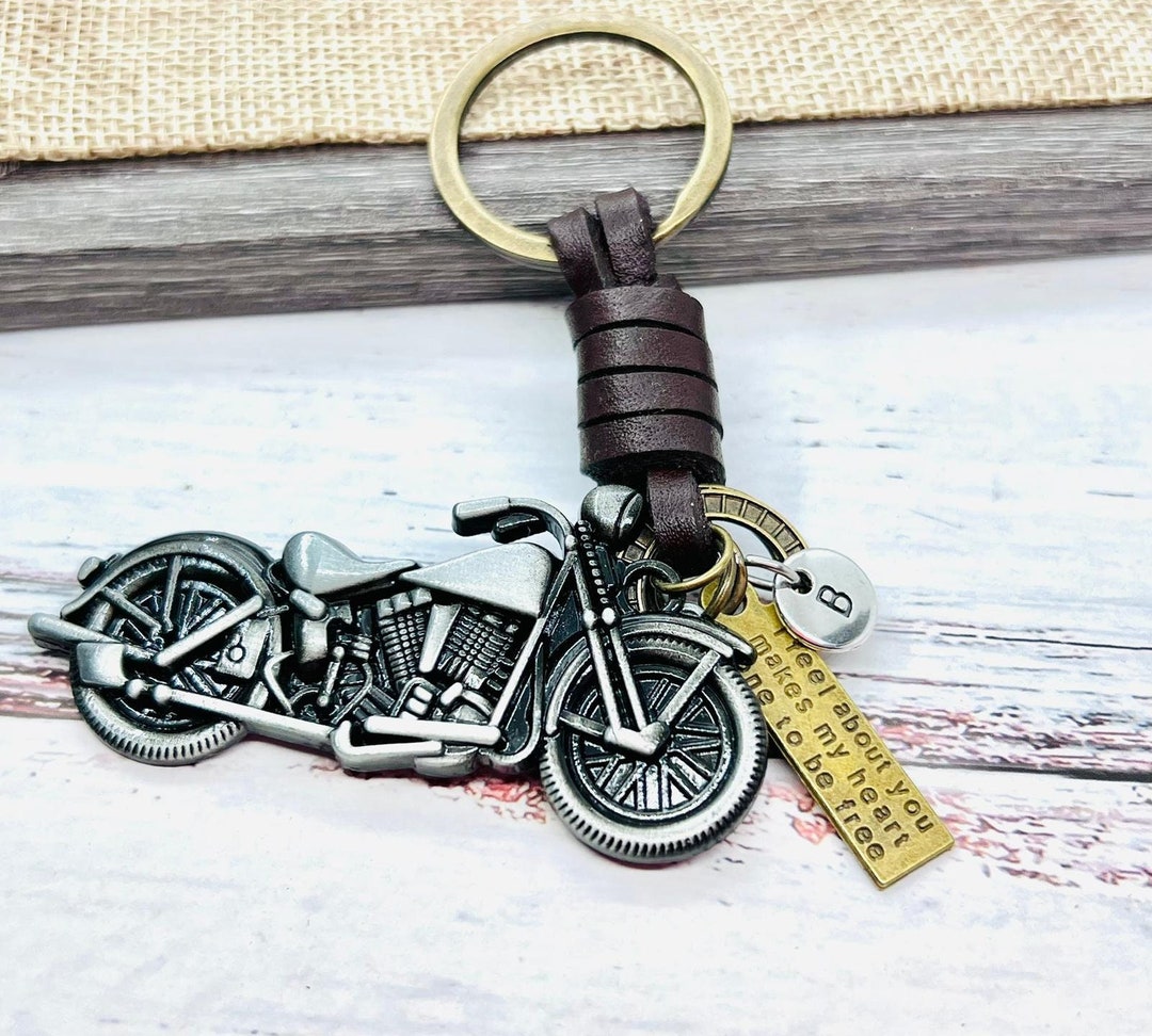 Brass Motorcycle Keychain, Road Bike Charm, Car Keychain, Leather and ...