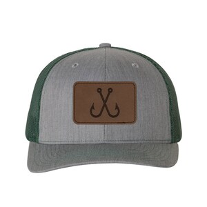 Fishing Hooks Mesh Back Trucker Cap Engraved Faux-leather Patch Adjustable Hat, Hat for Dad ...