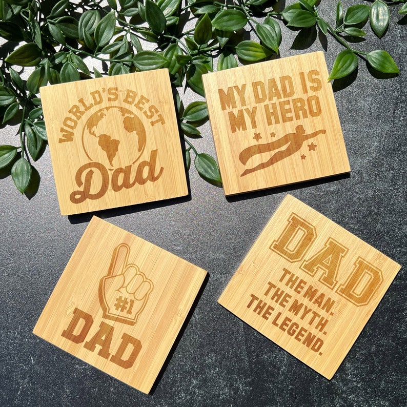 Dad Themed Wooden Engraved Square Coasters With Holder, Bamboo Coasters ...