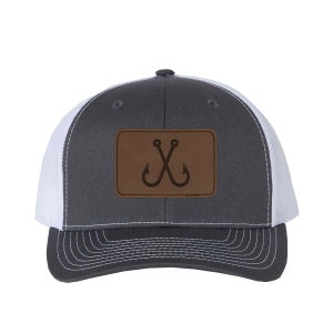 Fishing Hooks Mesh Back Trucker Cap Engraved Faux-leather Patch Adjustable Hat, Hat for Dad ...