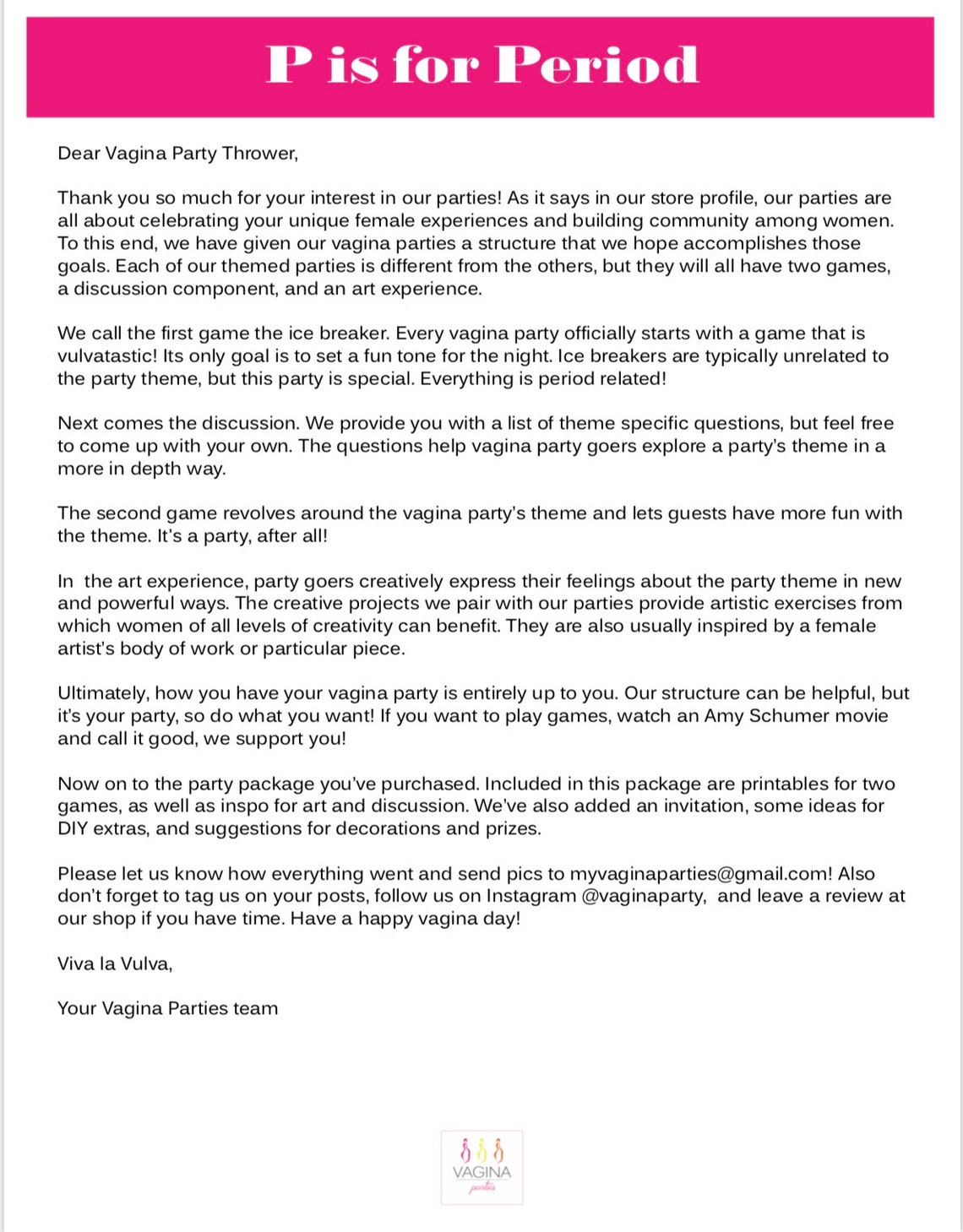 P is for Period Vagina Party Package First Moon Party Menstruation ...
