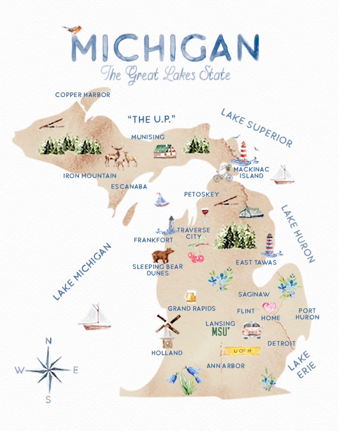 11x 14 Michigan Map Watercolor Print - Etsy