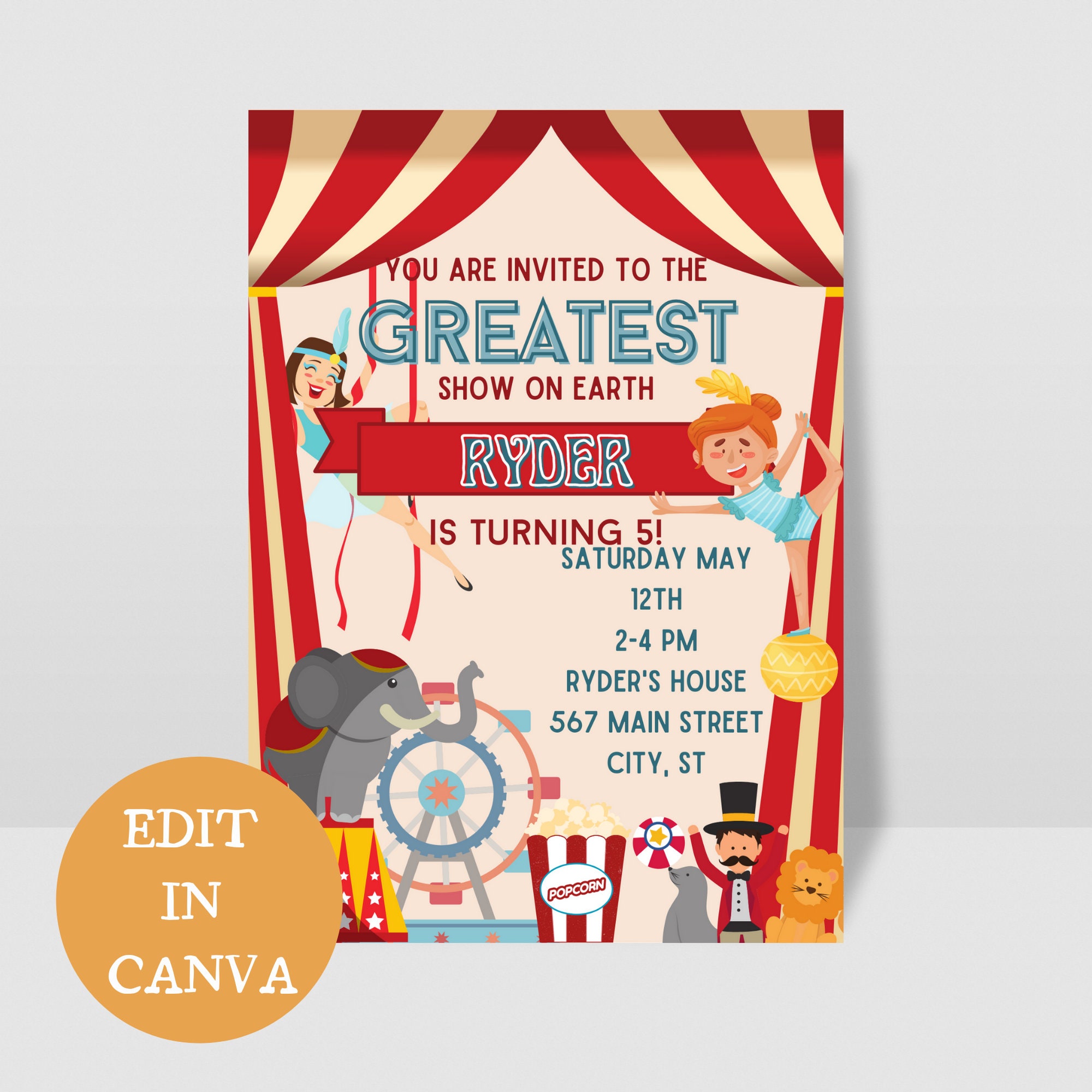 EDITABLE Canva CIRCUS Party Digital Invitation Social Media ...
