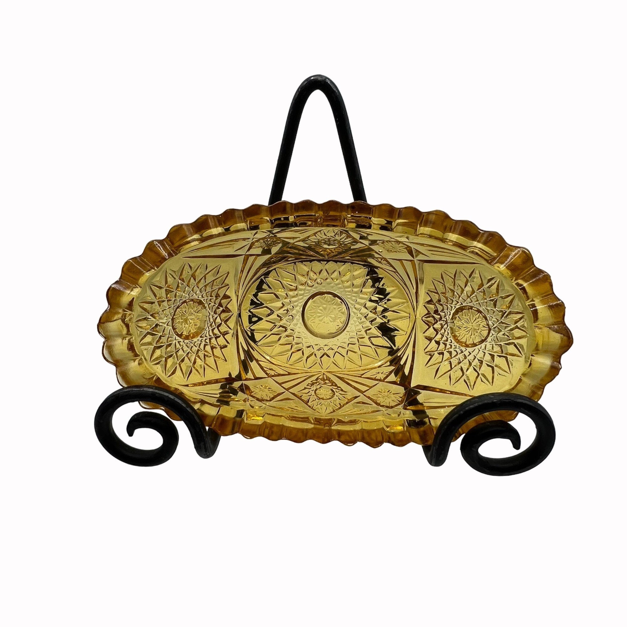 LE Smith Hobstar Pattern Glass Oval Amber Candy Nuts Trinket Star ...