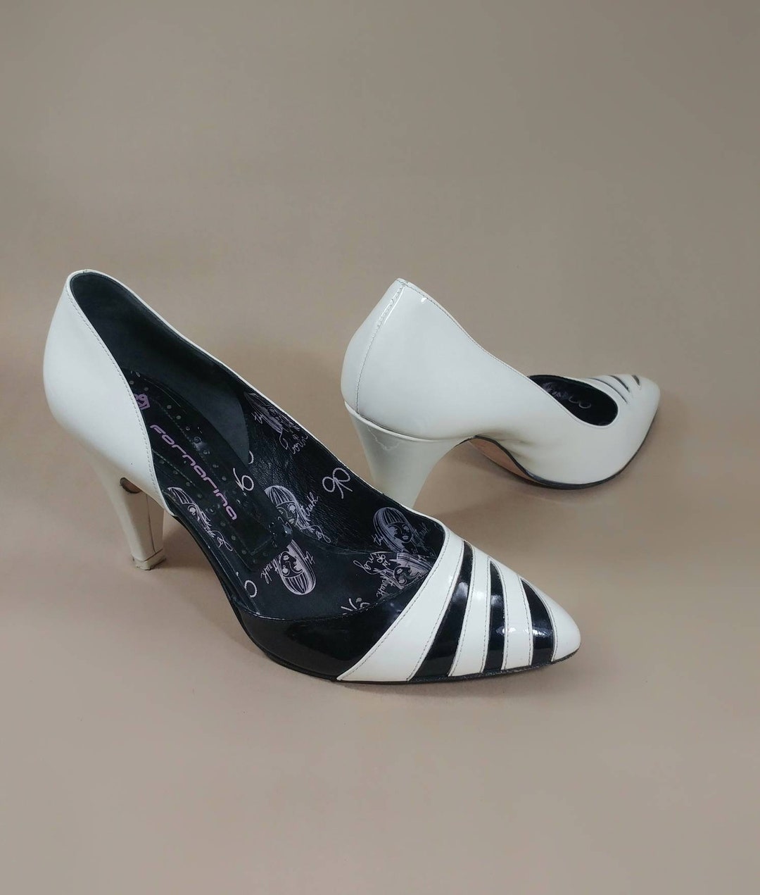 Open Side Pump, White and Black Patent Leather. Vintage Heels, 1990s ...