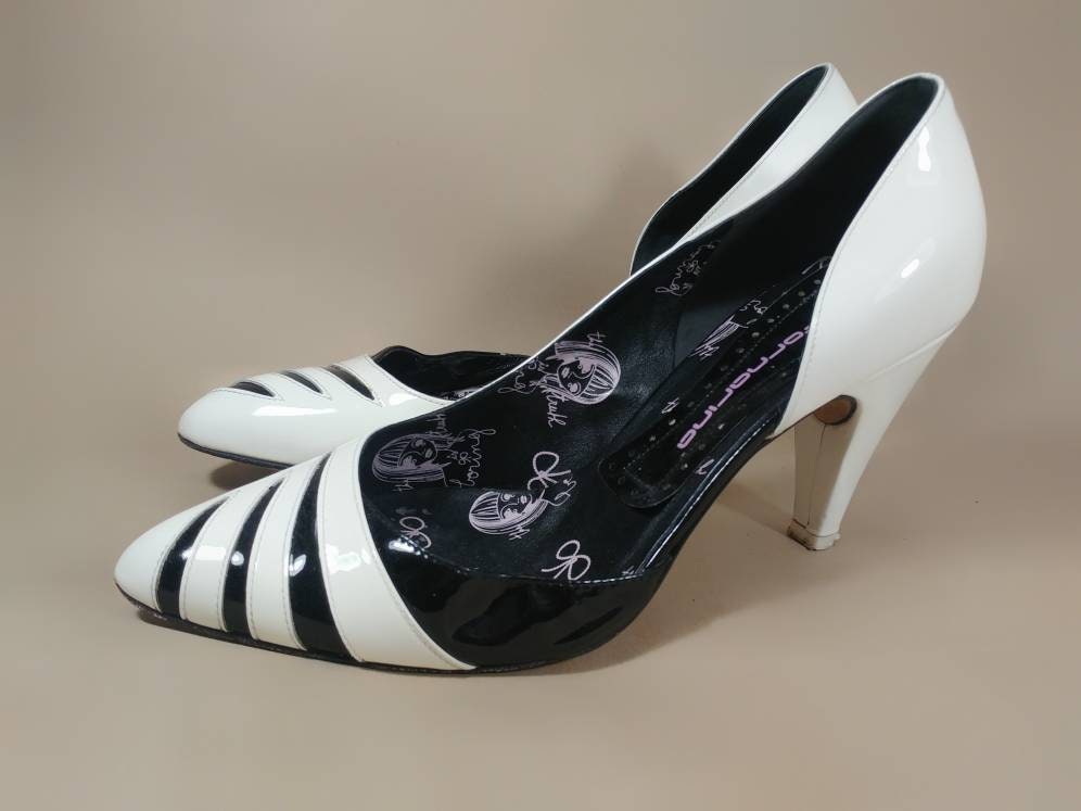 Open Side Pump White and Black Patent Leather. Vintage Heels - Etsy