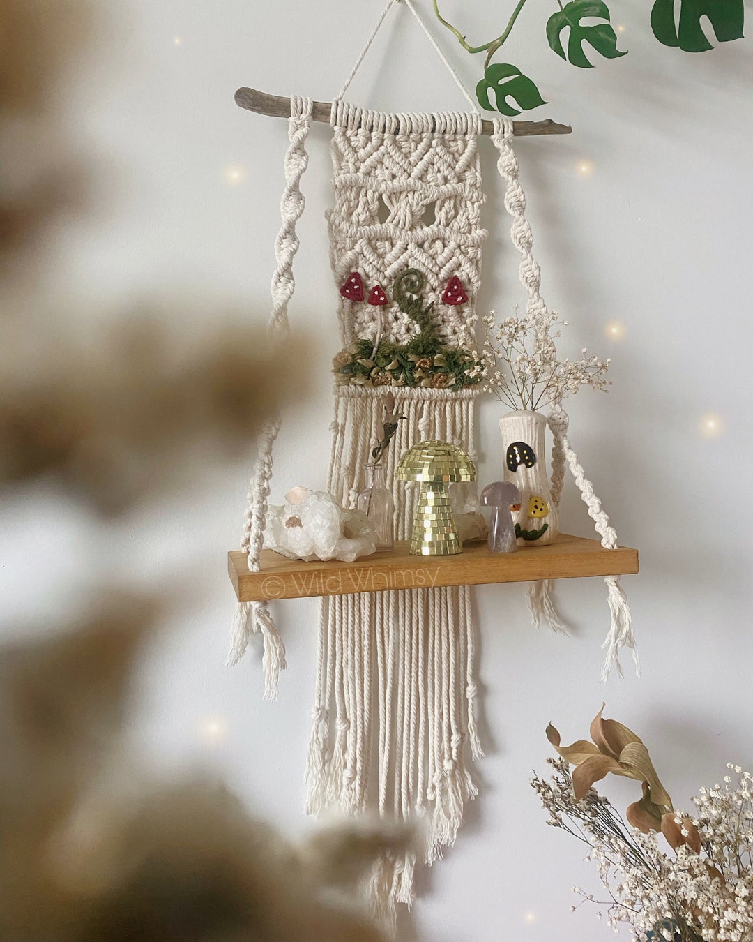 MUSHROOM SHELF // Macrame Mushroom Shelf, Toadstools, Ferns, Crystals, Boho Wall Decor ...