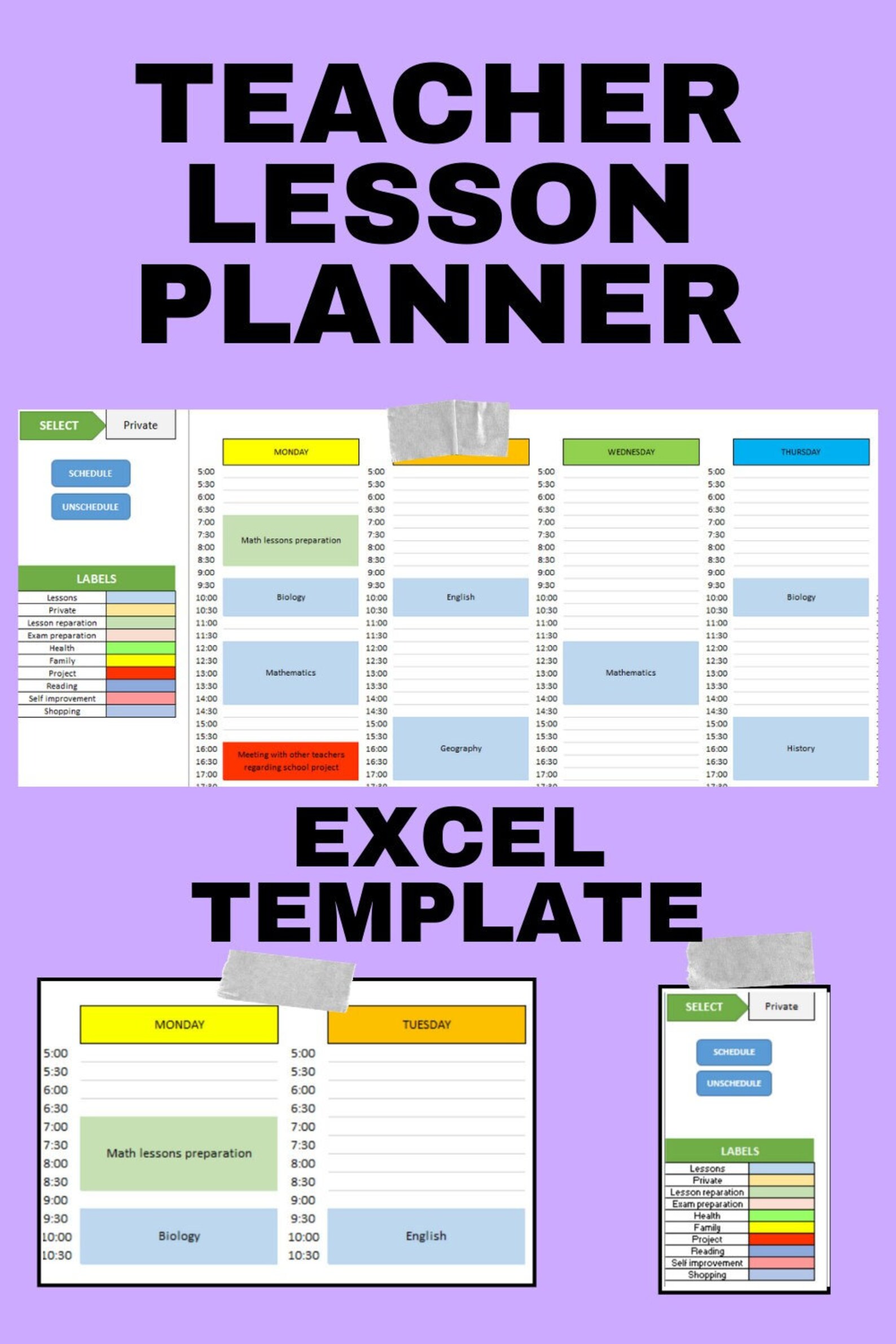 Teacher Weekly Planner Excel Template | Digital Lesson Schedule - Etsy