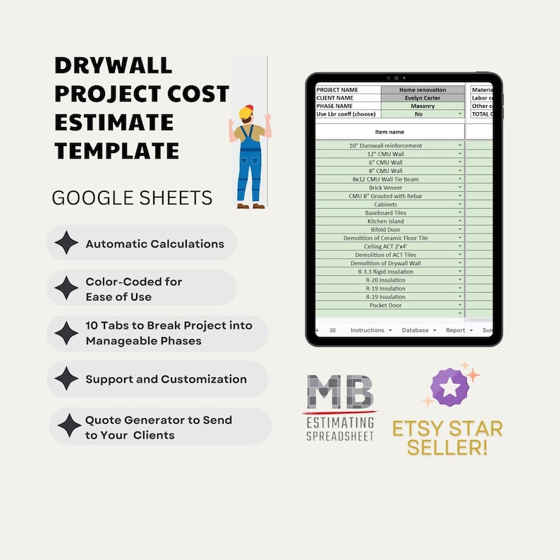 Drywall Project Cost Estimate Template - Google Sheets - Etsy