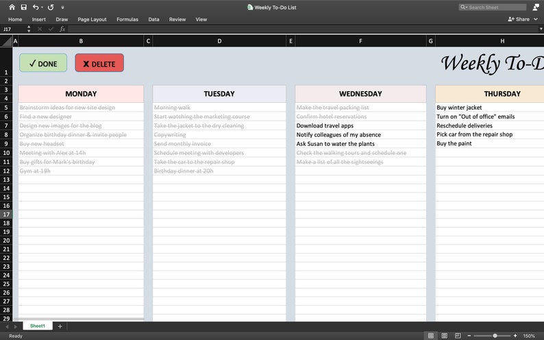 Weekly TO DO List EXCEL Template Digital Task Tracker Customizable ...