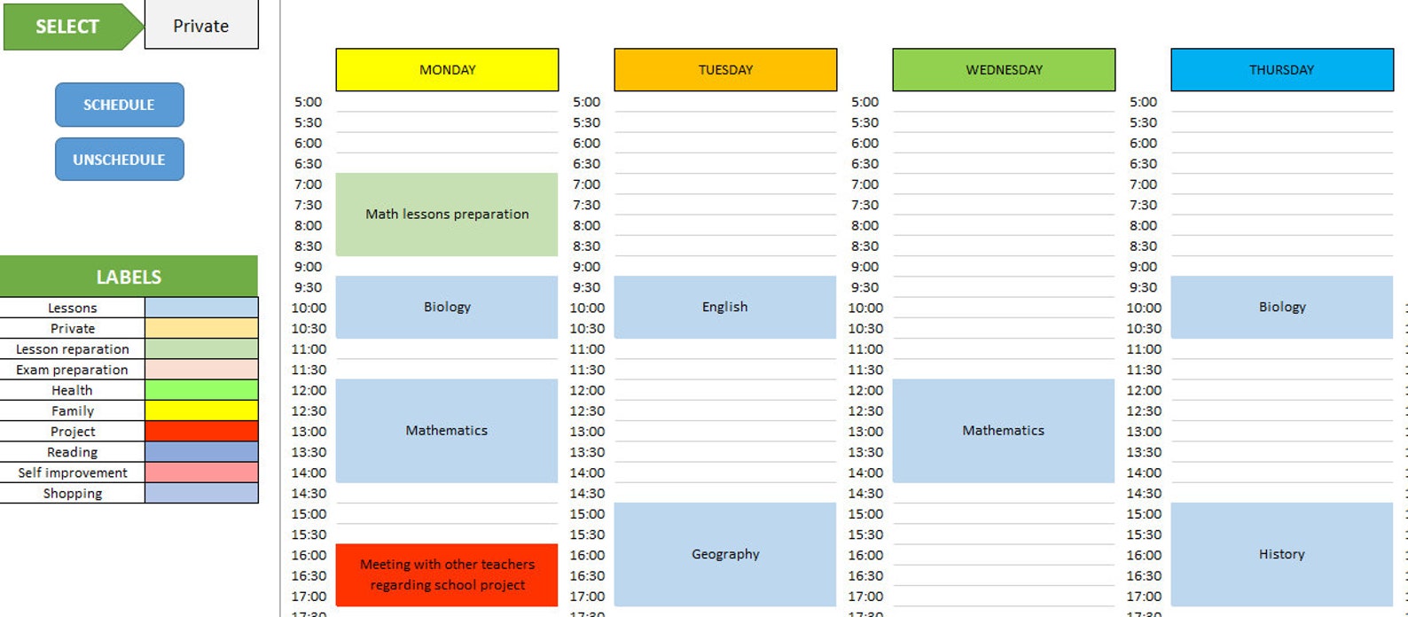 TEACHER WEEKLY Planner EXCEL Template | Teacher Weekly Schedule ...
