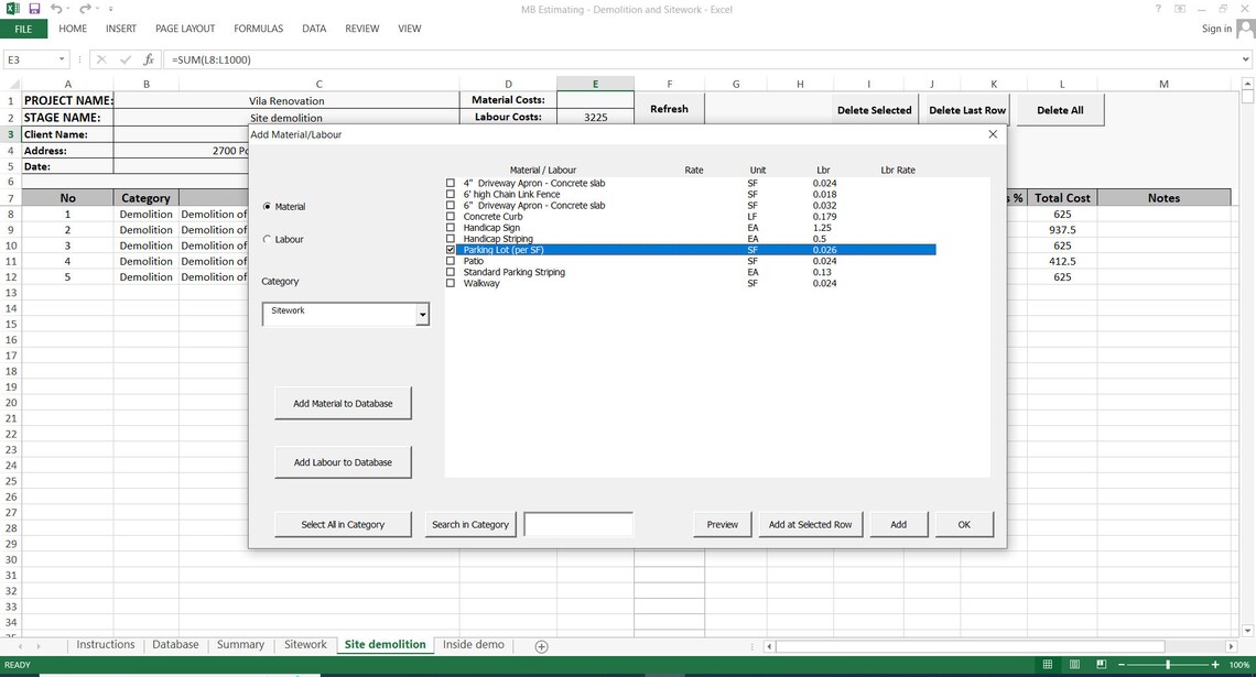 Demolition & Sitework Cost Estimate Excel Template (Instant Download ...