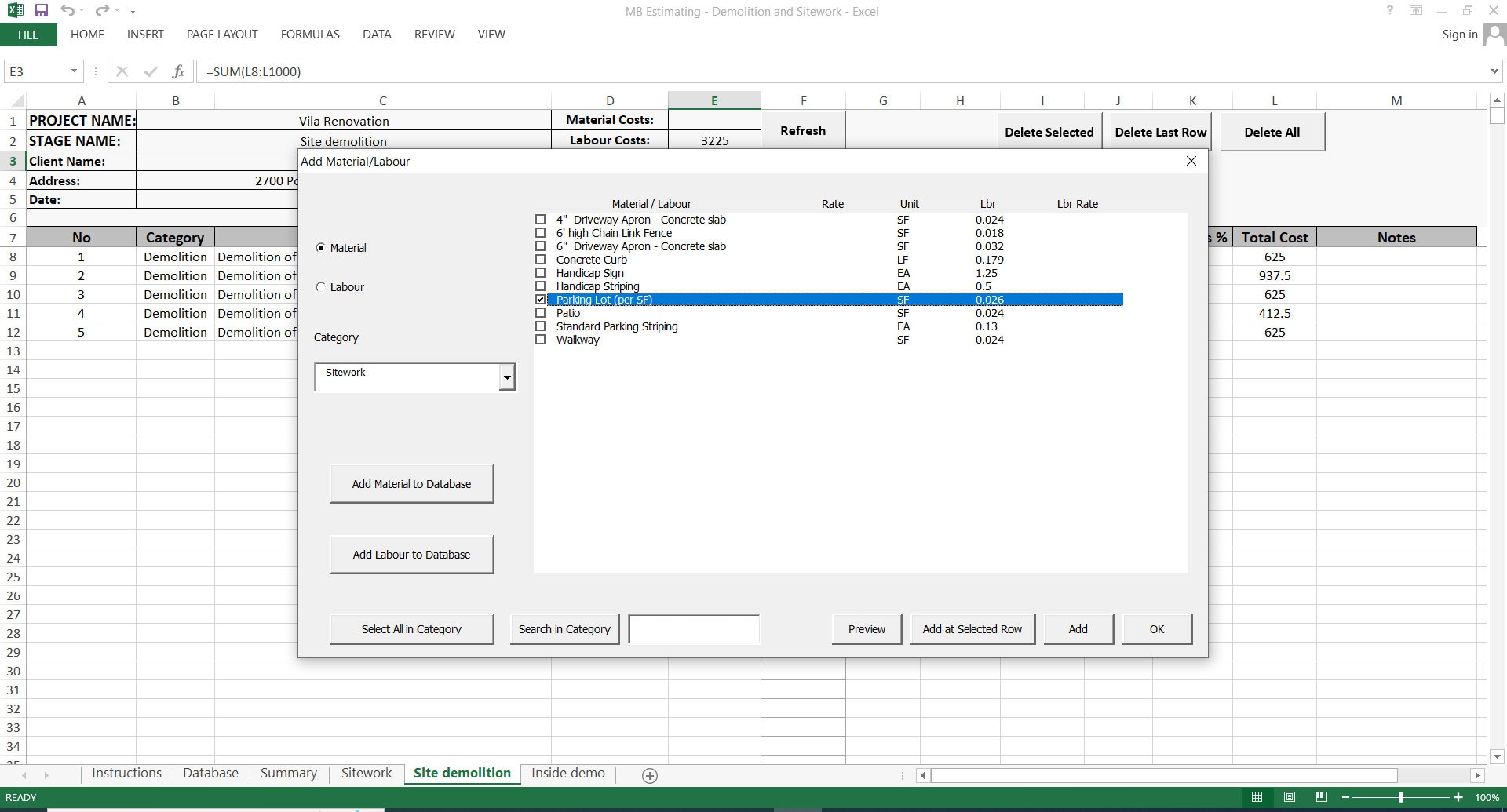 Demolition & Sitework Cost Estimate Excel Template (Instant Download ...