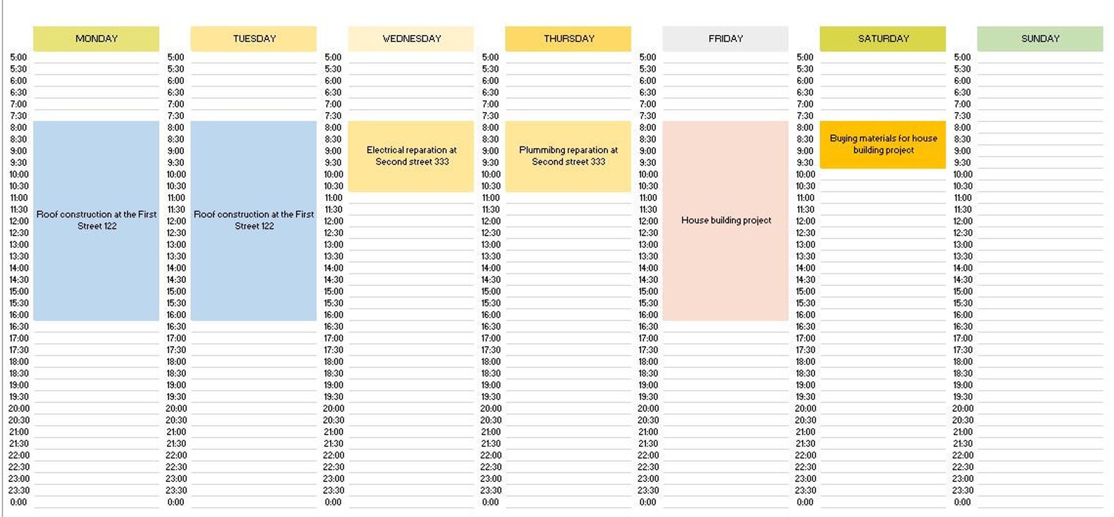 Contractor Weekly Planner EXCEL Template Weekly Schedule Template Daily ...