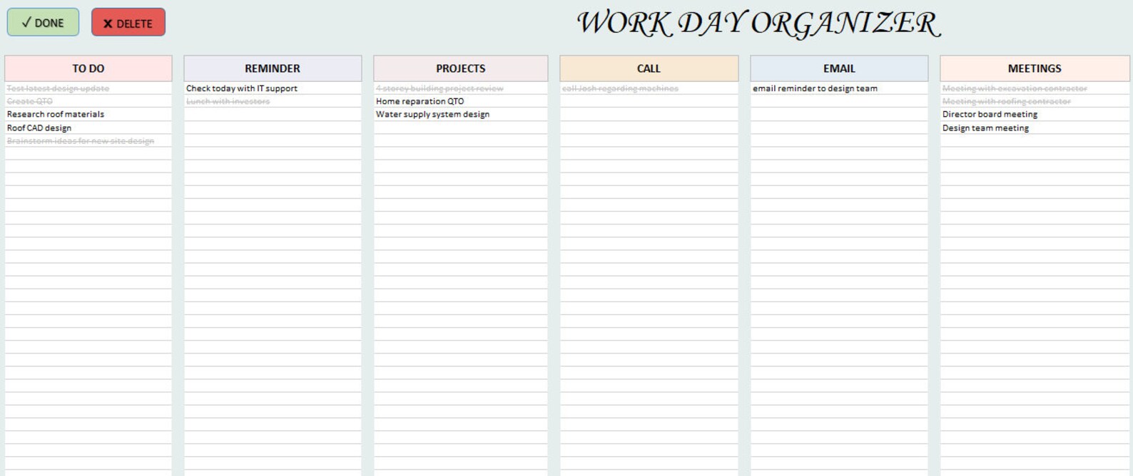 WORK DAY Organizer EXCEL To-do List Template | Day Organizer | Excel ...