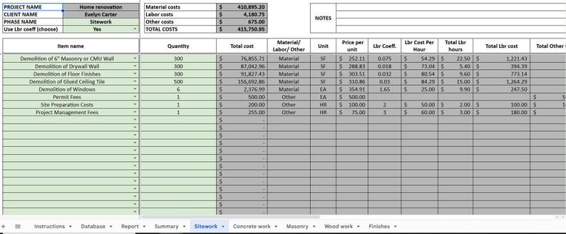Drywall Project Cost Estimate Template - Google Sheets - Etsy