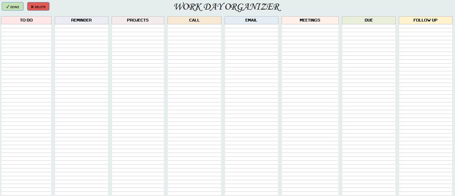 WORK DAY Organizer EXCEL To-do List Template | Day Organizer | Excel ...