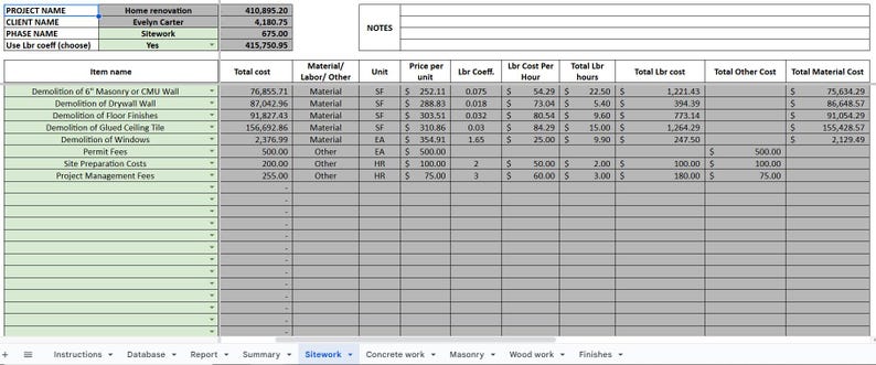 Drywall Project Cost Estimate Template - Google Sheets - Etsy