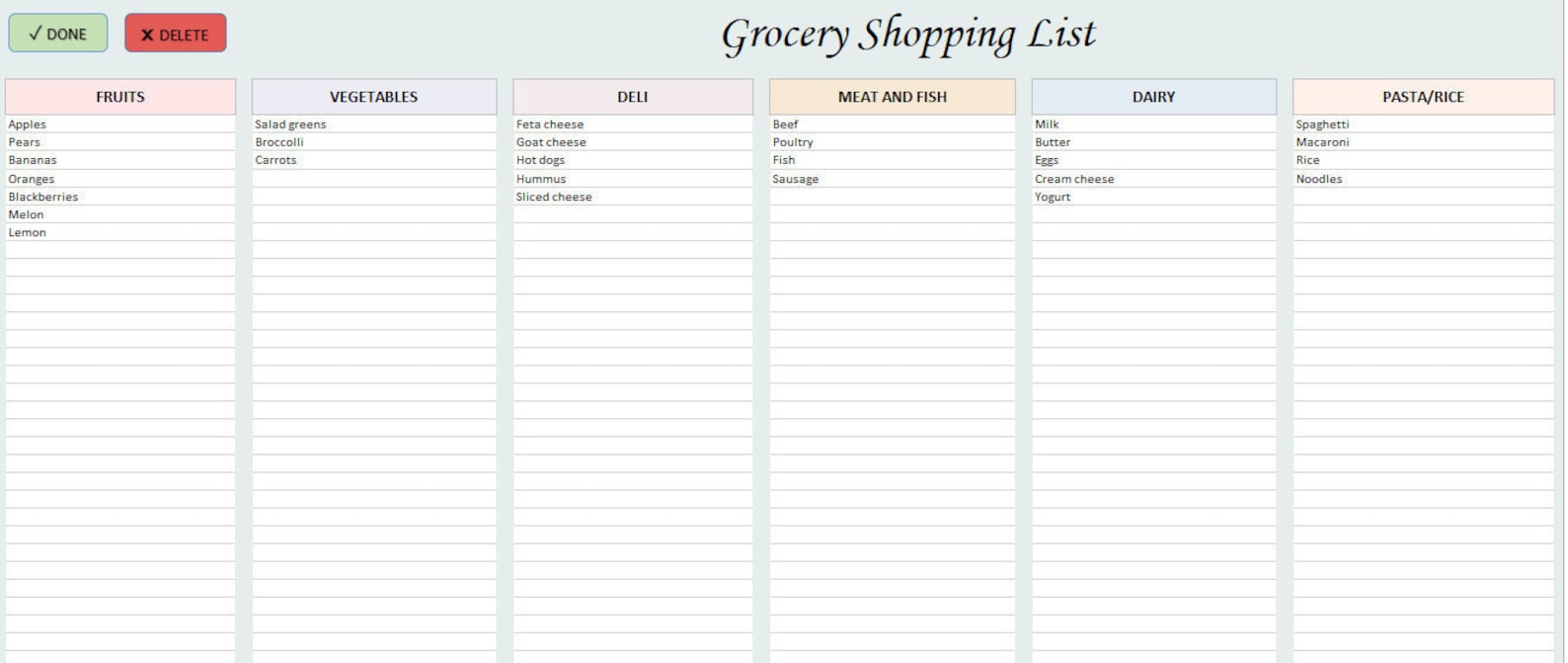 GROCERY SHOPPING List EXCEL Template | Customizable Shopping Planner ...