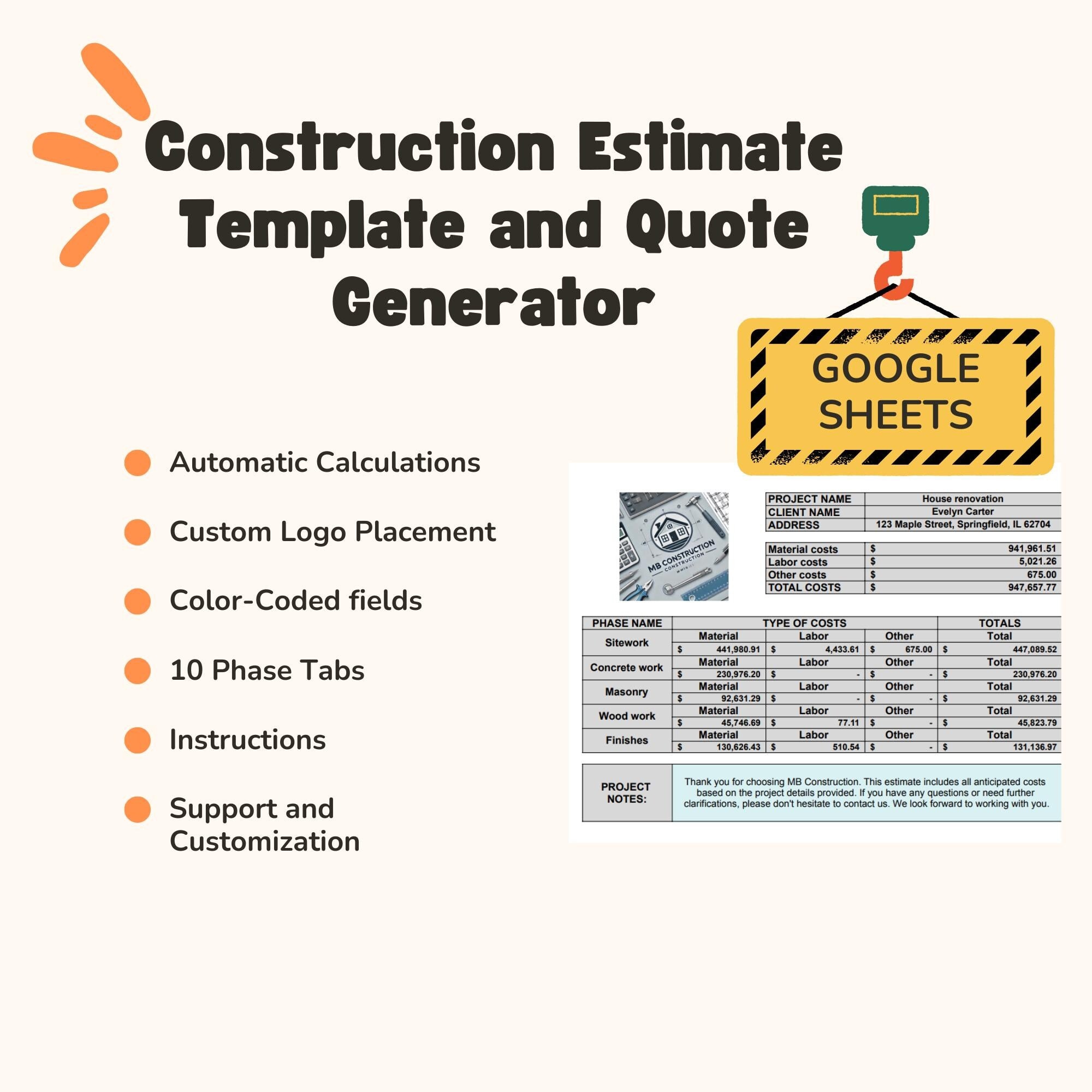 Construction Project Cost Estimate Template - Google Sheets - Etsy
