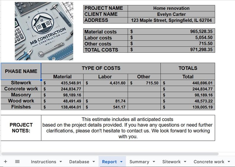 Construction Project Cost Estimate Template - Google Sheets - Etsy