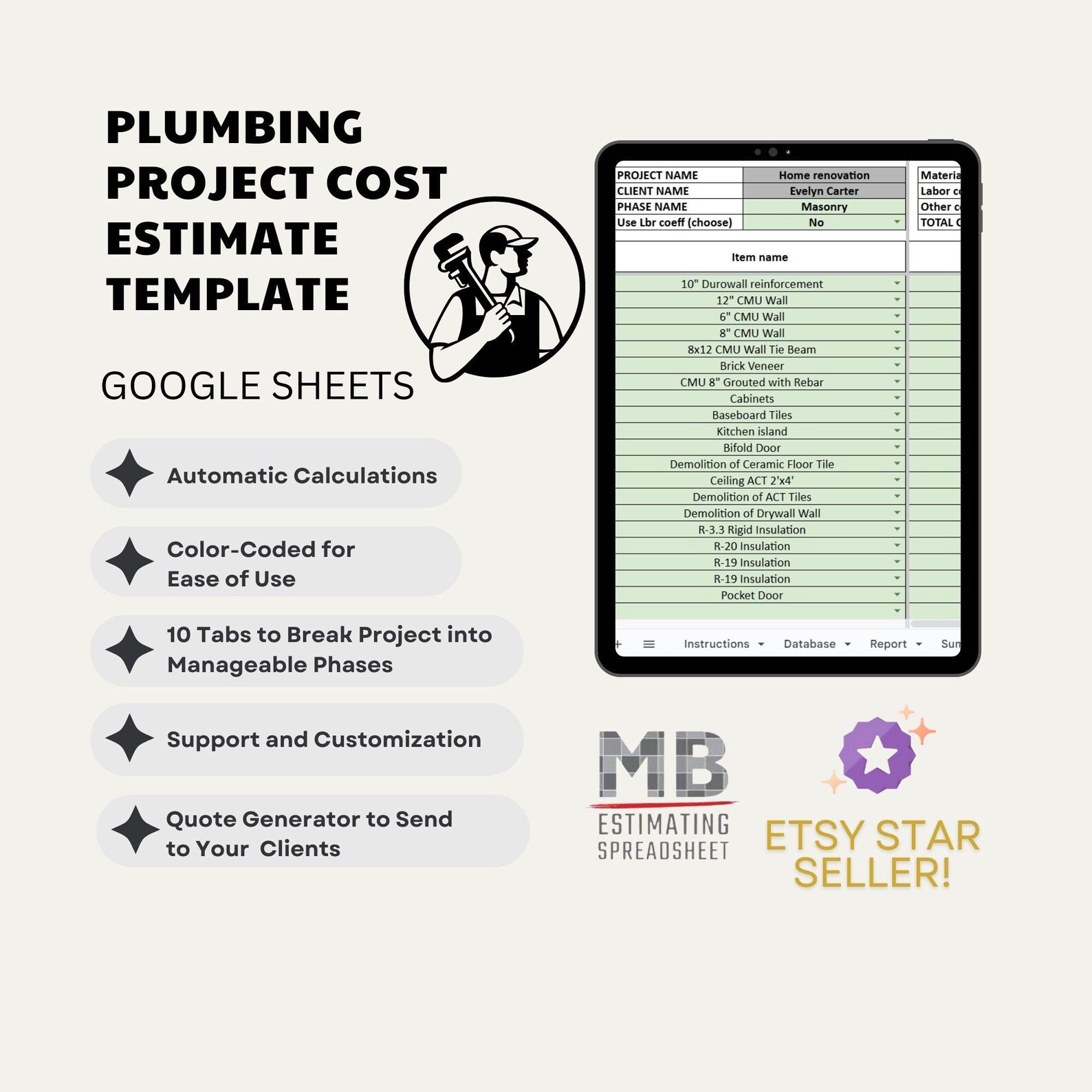 Plumbing Project Cost Estimate Template - Google Sheets - Etsy