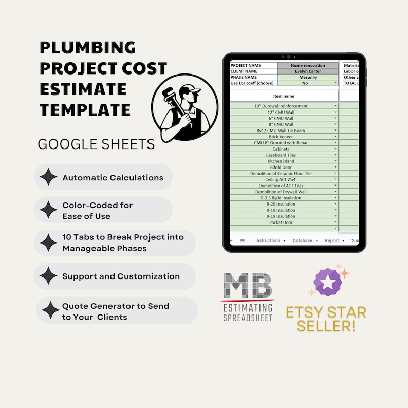Plumbing Project Cost Estimate Template - Google Sheets - Etsy